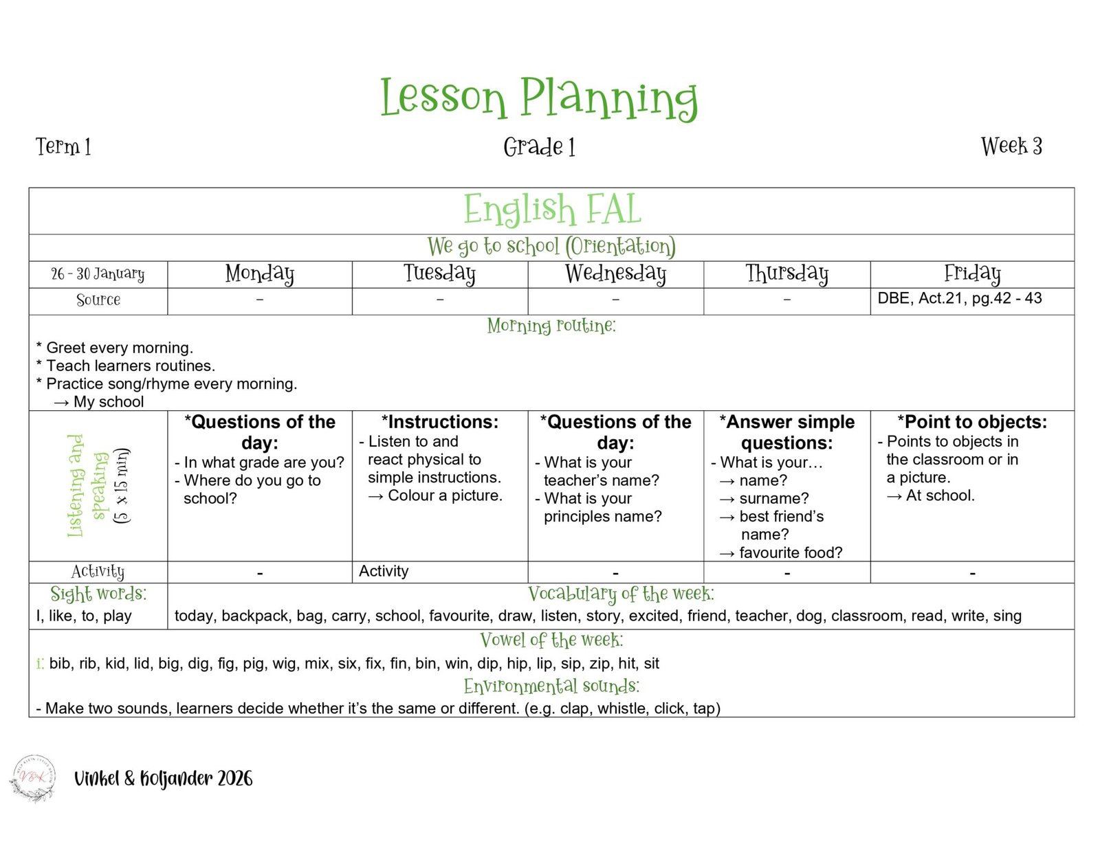 Graad 1 Englisg First Additional Language Lesson Planning – Term 1 2026 ...