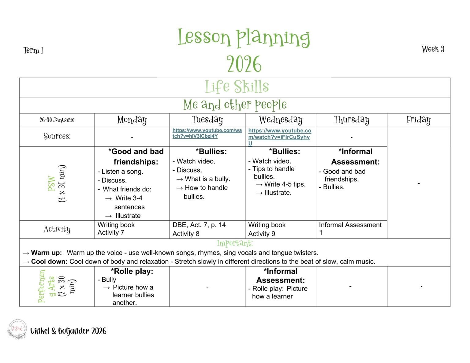 Graad 2 Life Skills Lesson Planning – Term 1 2026 - Vinkel & Koljander